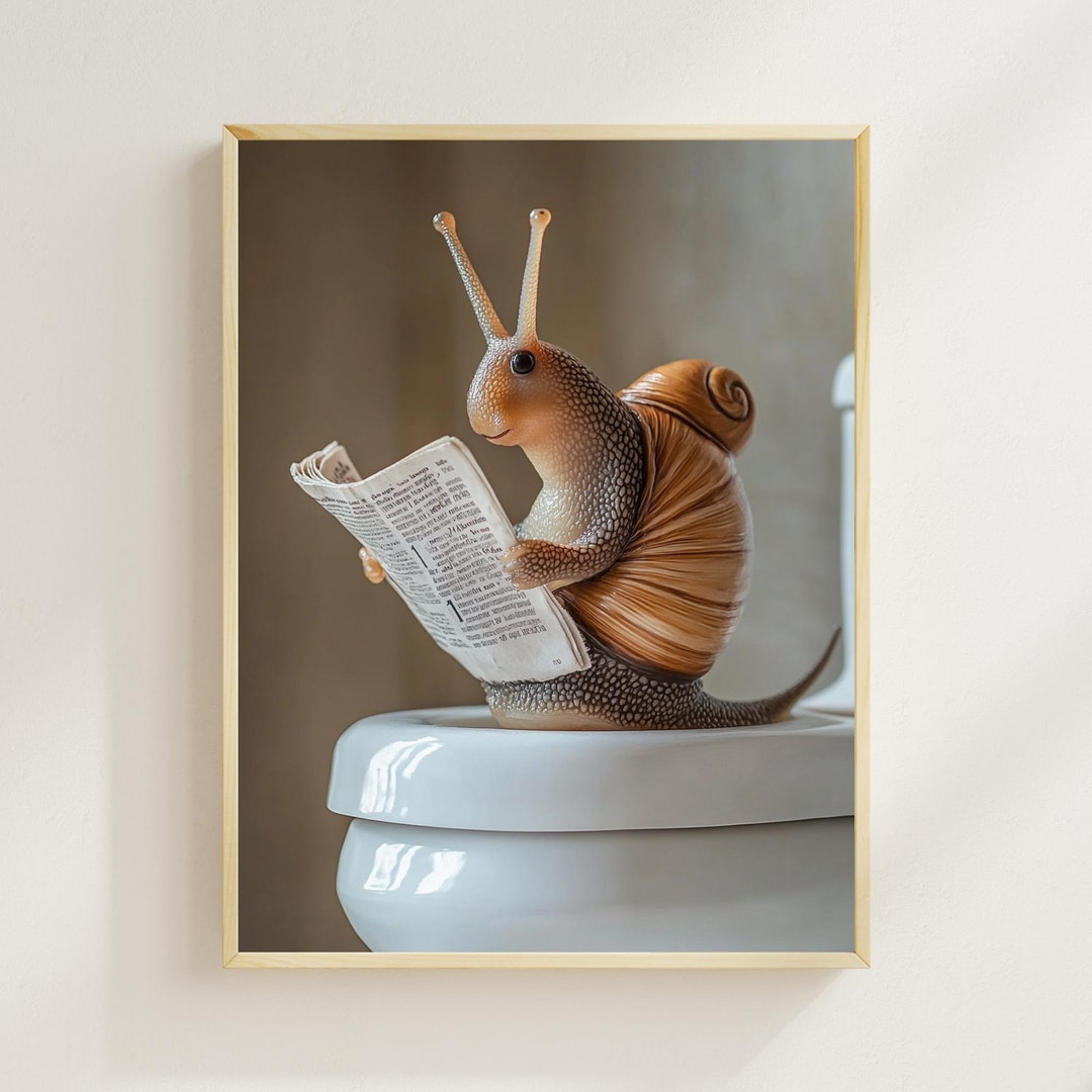 Snail Sitting on the Toilet Reading a Newspaper, Funny Bathroom Wall ...