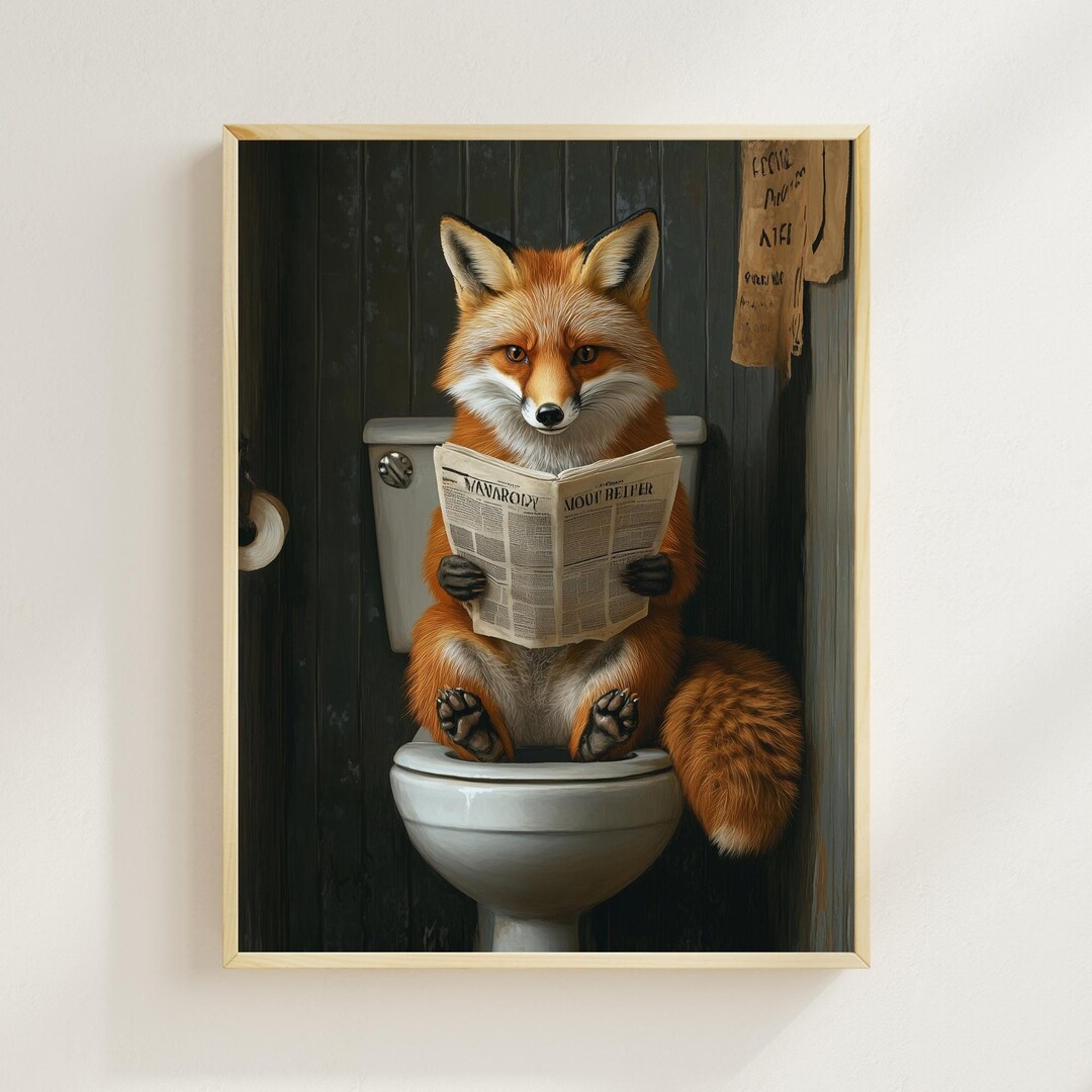 Fox Sitting on the Toilet Reading a Newspaper, Funny Bathroom Wall ...