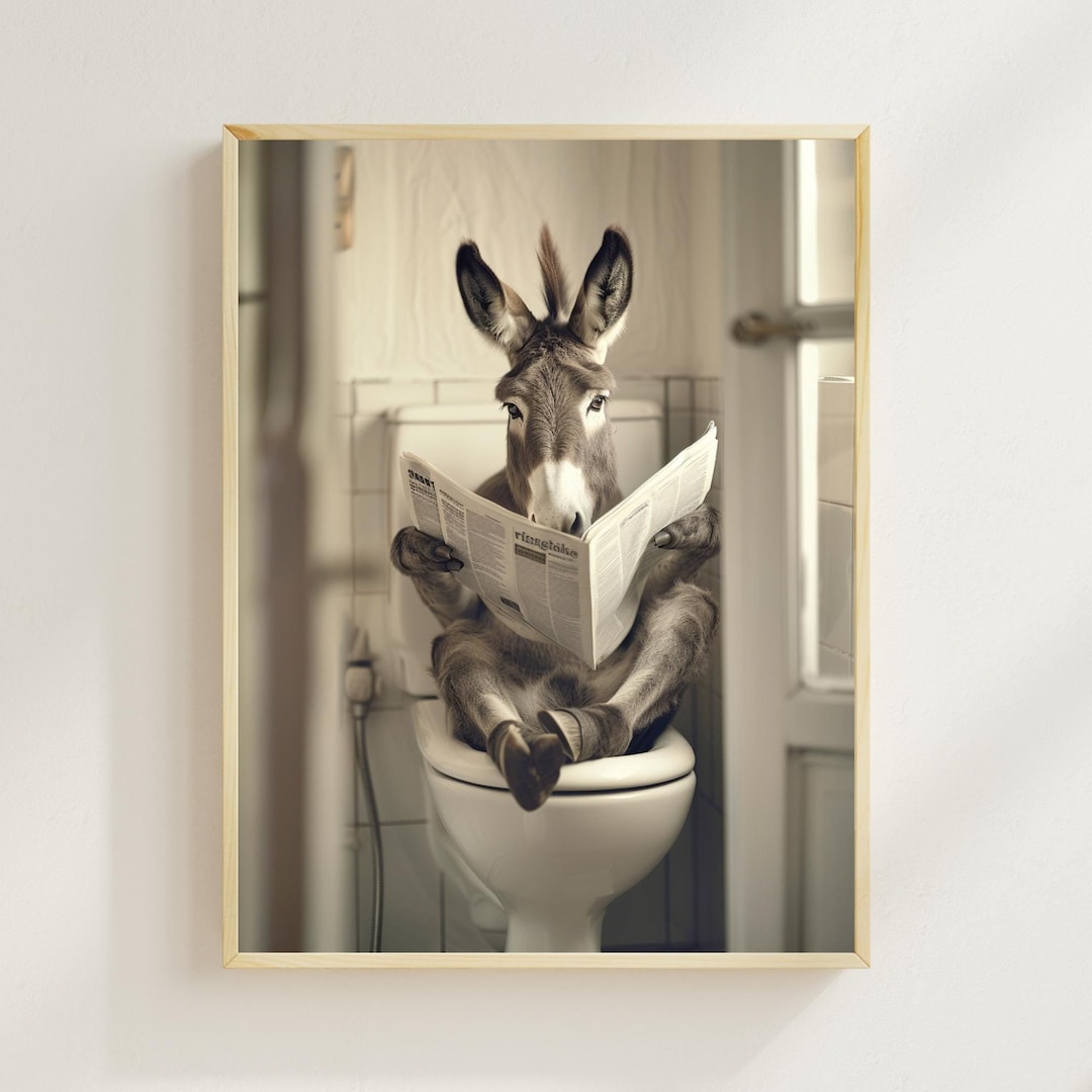 Donkey Sitting on the Toilet Reading a Newspaper, Funny Bathroom Wall ...
