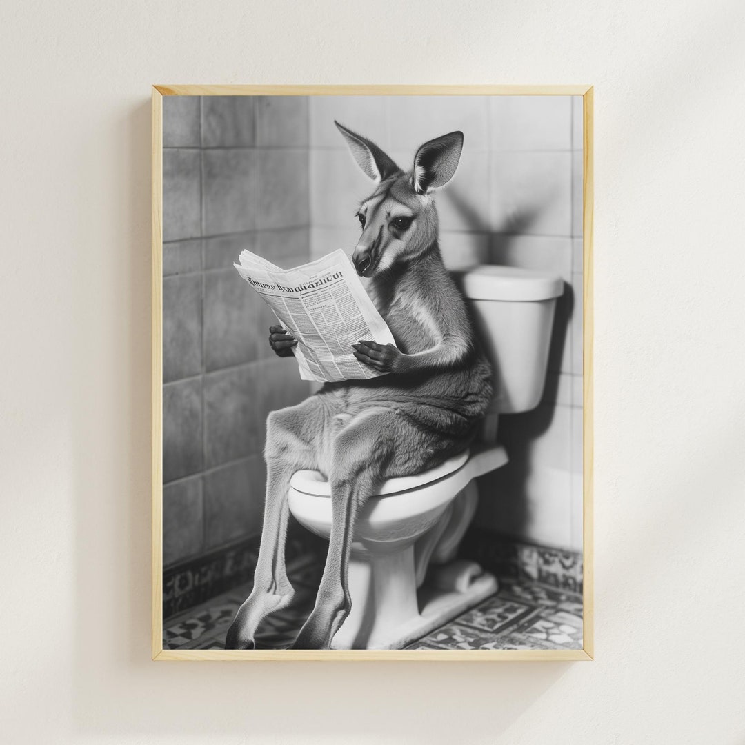 Funny Kangaroo Bathroom Print, Quirky Animal Reading Newspaper (digital ...