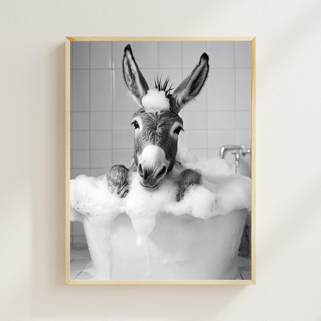 Donkey in the Bathtub, Funny Animal Wall Art, Donkey Taking a Bubble ...