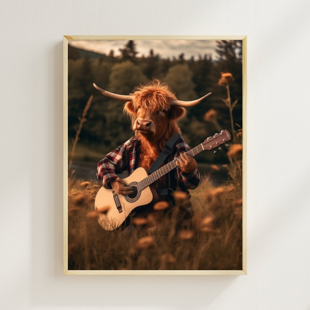 Highland Cow Playing Guitar, Funny Animal Print, Funny Cow Wall Art ...