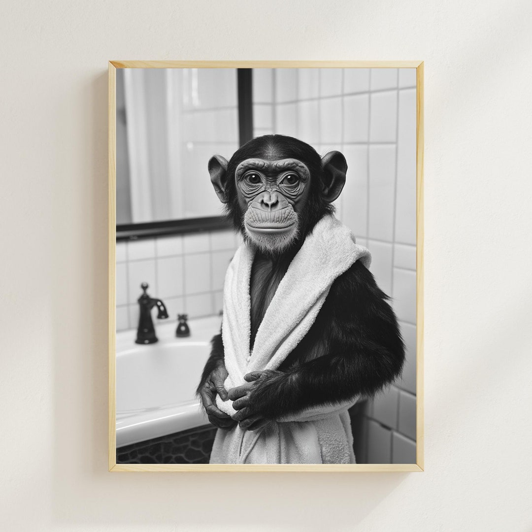 Monkey in a Bathrobe, Funny Bathroom Wall Art, Quirky Monkey Print ...