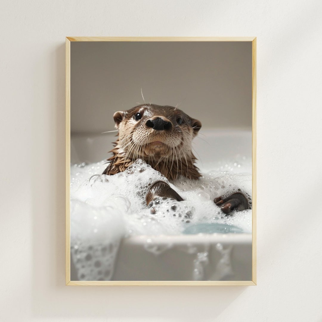 Otter in the Bathtub, Otter Taking a Bubble Bath, Funny Animal Bath Art ...
