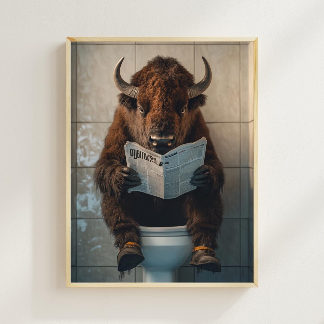 Bison Sitting on the Toilet Reading a Newspaper, Funny Bathroom Wall ...