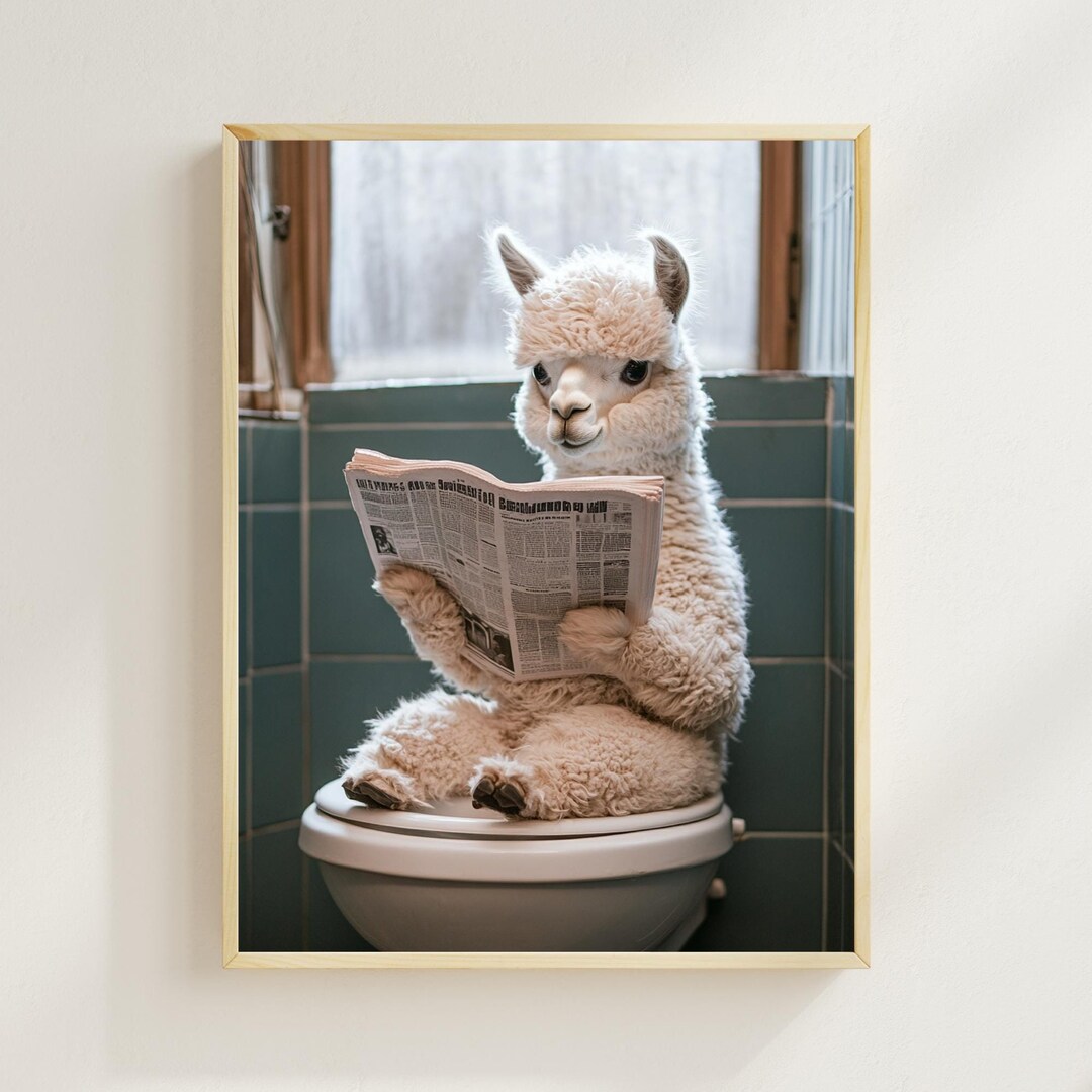 Alpaca Sitting on the Toilet Reading a Newspaper, Printable Bathroom ...