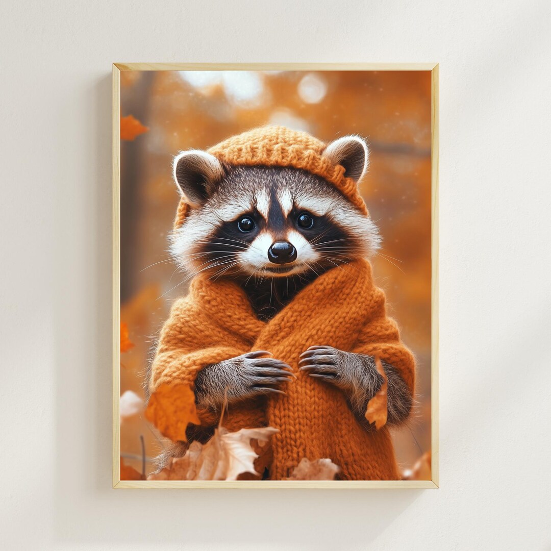 Autumn Raccoon Art, Fall Animal Printable, Woodland Wall Art, Raccoon ...