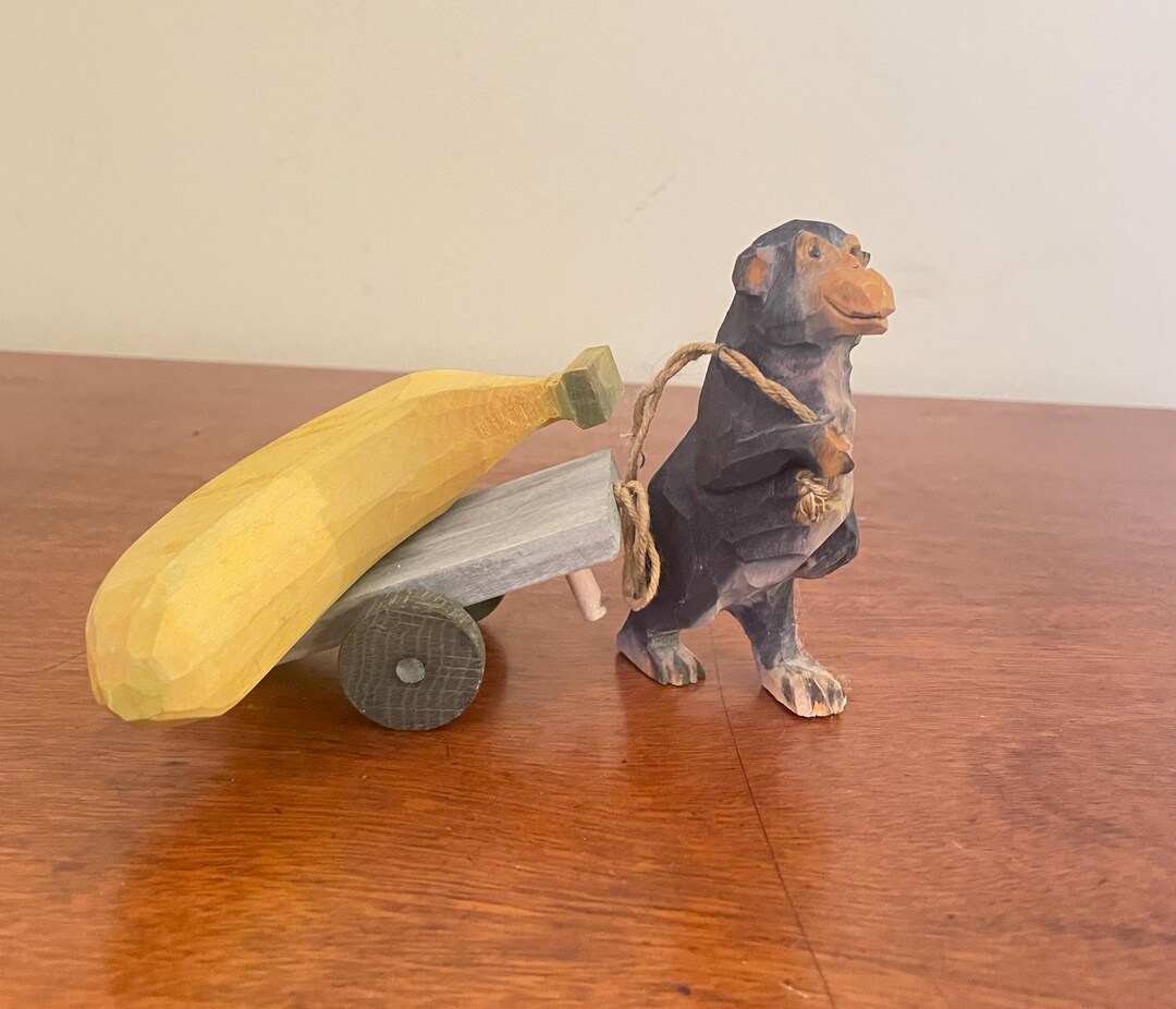 Super Fun Wood Carved Monkey Pulling a Banana on a Wheeled Cart - Etsy