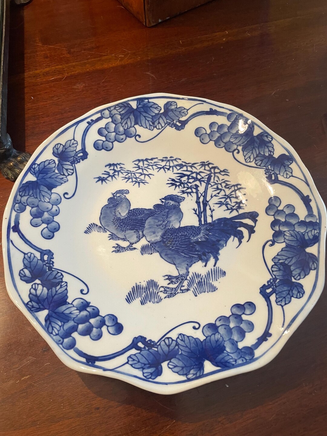 Vintage Heavy Ceramic Blue & White Rooster Plate With Ruffled Edge - Etsy