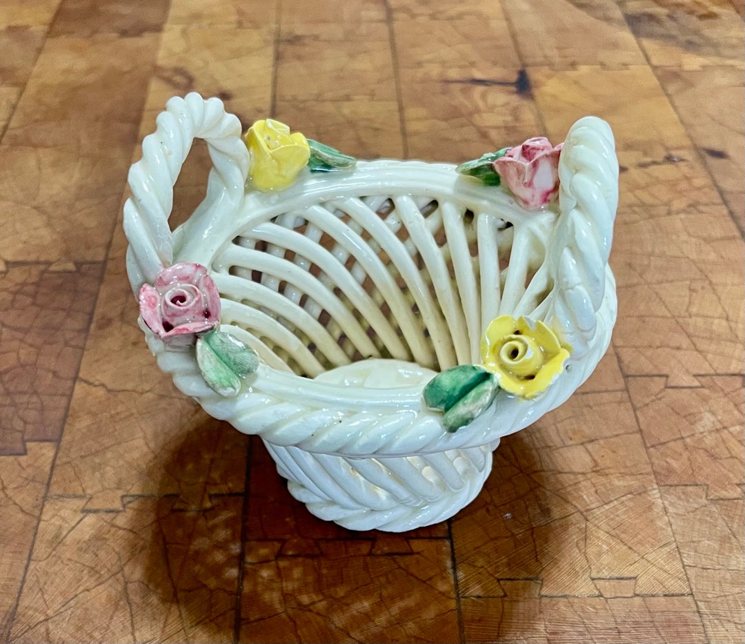 Sweet Italian Porcelain China Basket W Pink and Yellow Roses - Etsy