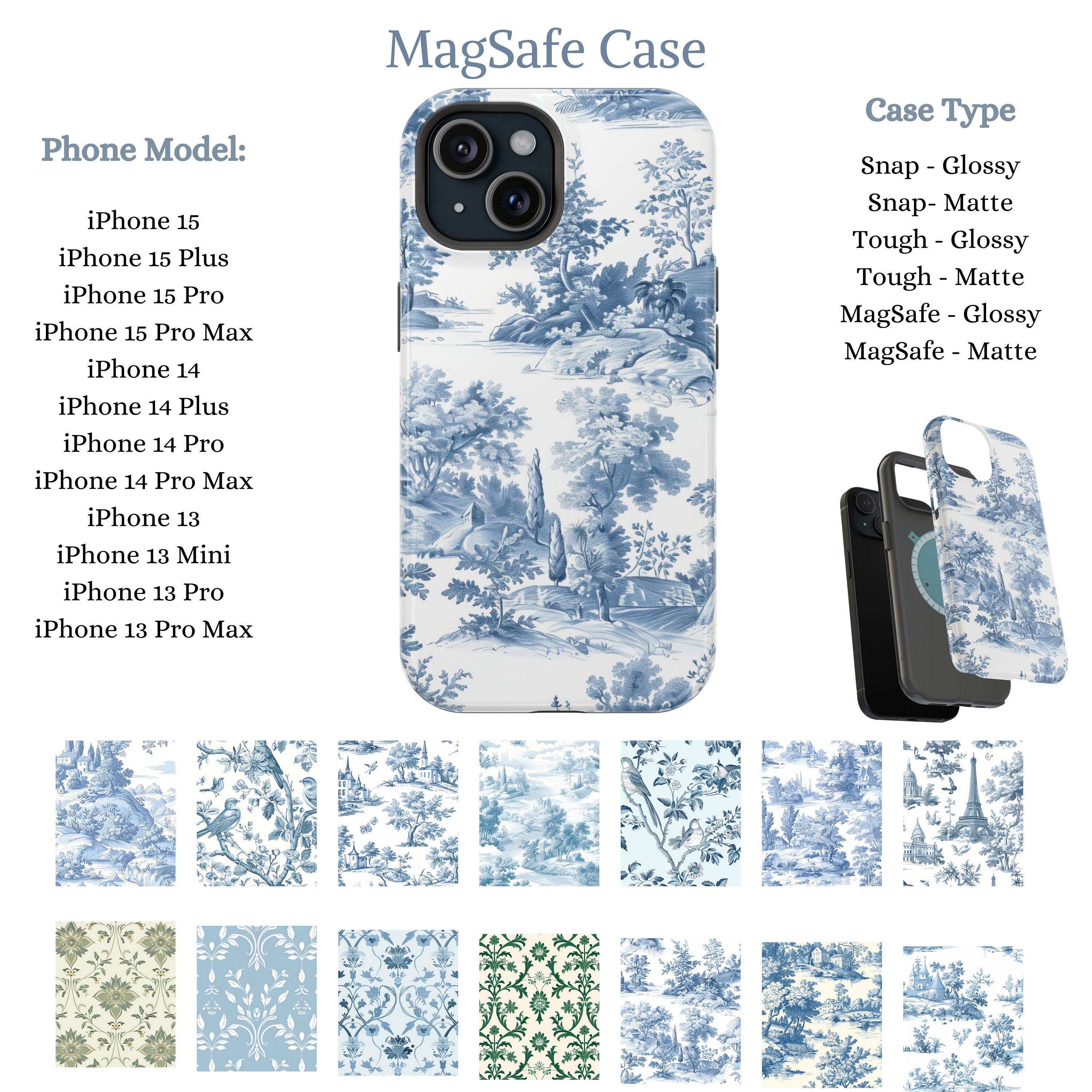 Samsung, iPhone Case | Blue Flower Toile De Jouy Magsafe Phone Case ...