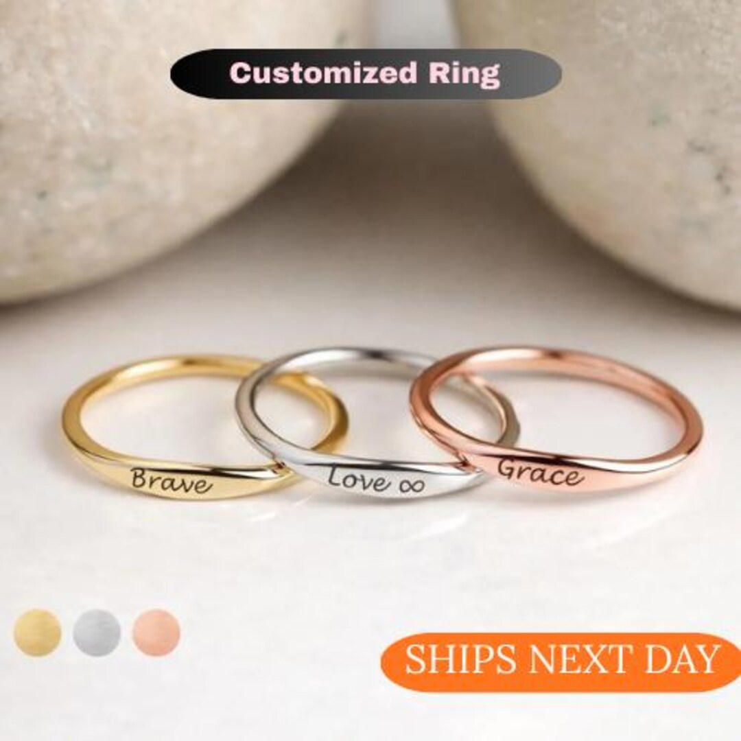 Personalized Engraved Rings, Custom Name, Text Date Stackable Ring Set ...