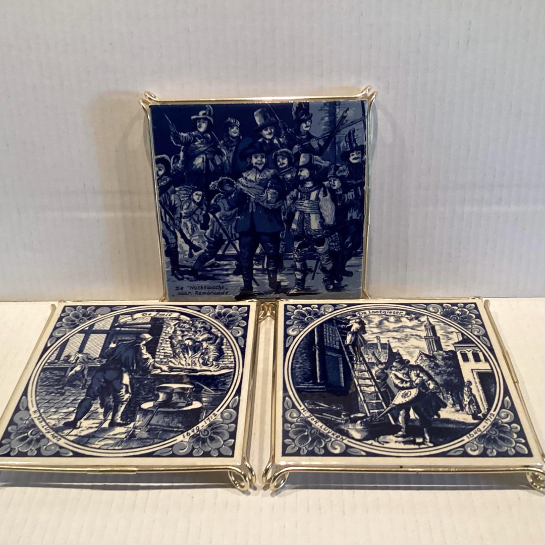 3 Delft Tiles in Metal Trivet Frames. Also Hangable. From “the Book of ...