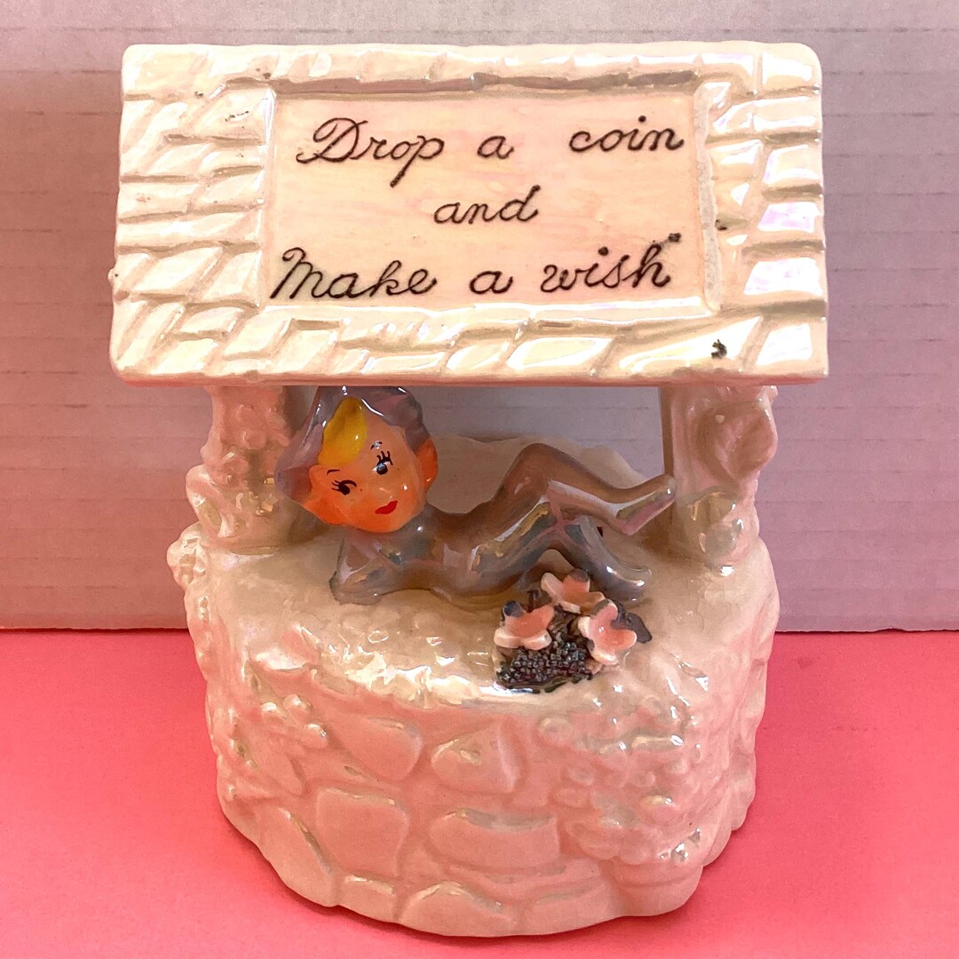 Pixie/elf, Wishing Well, Bank With Stopper, Norcrest, White Lusterware ...