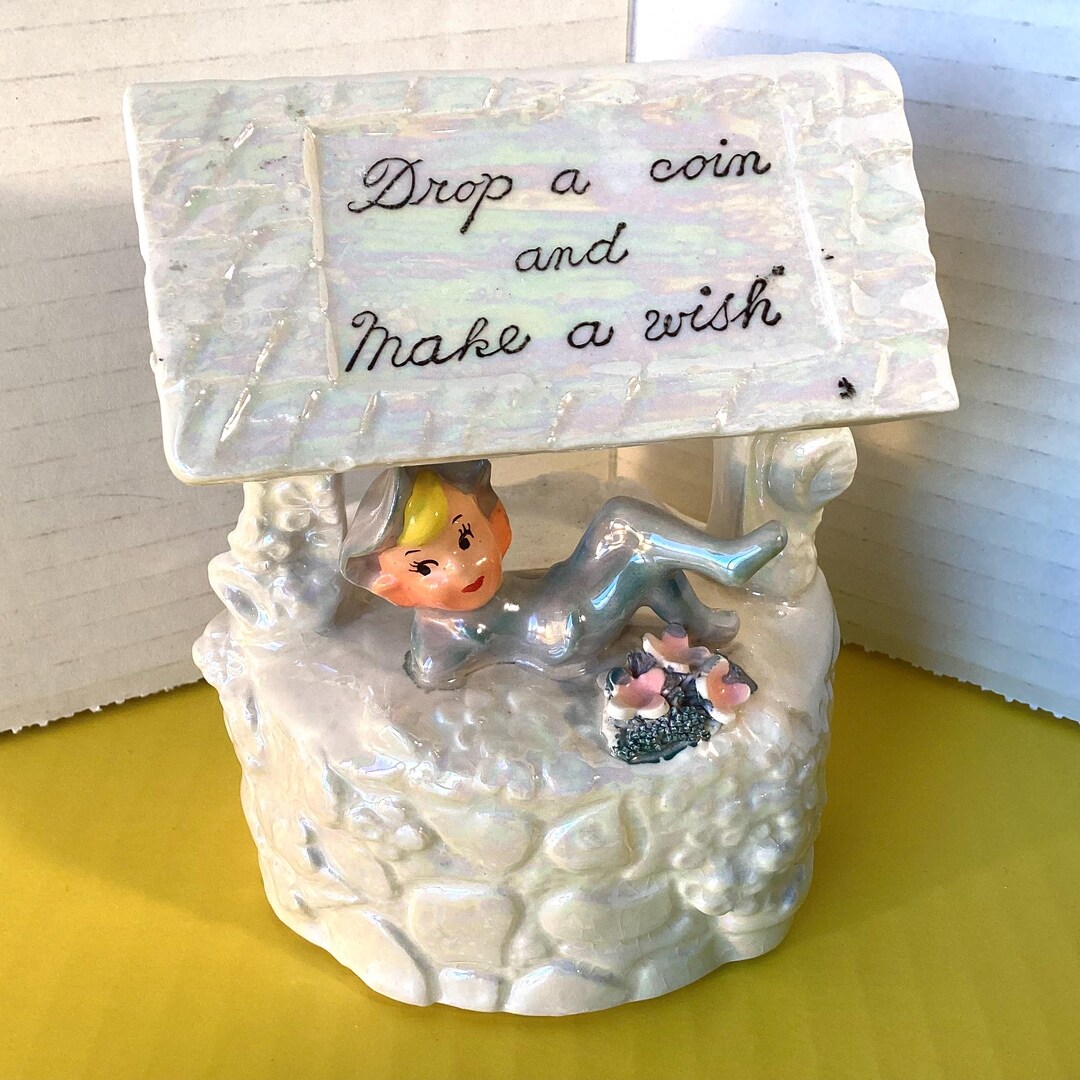 Pixie/elf, Wishing Well, Bank With Stopper, Norcrest, White Lusterware ...