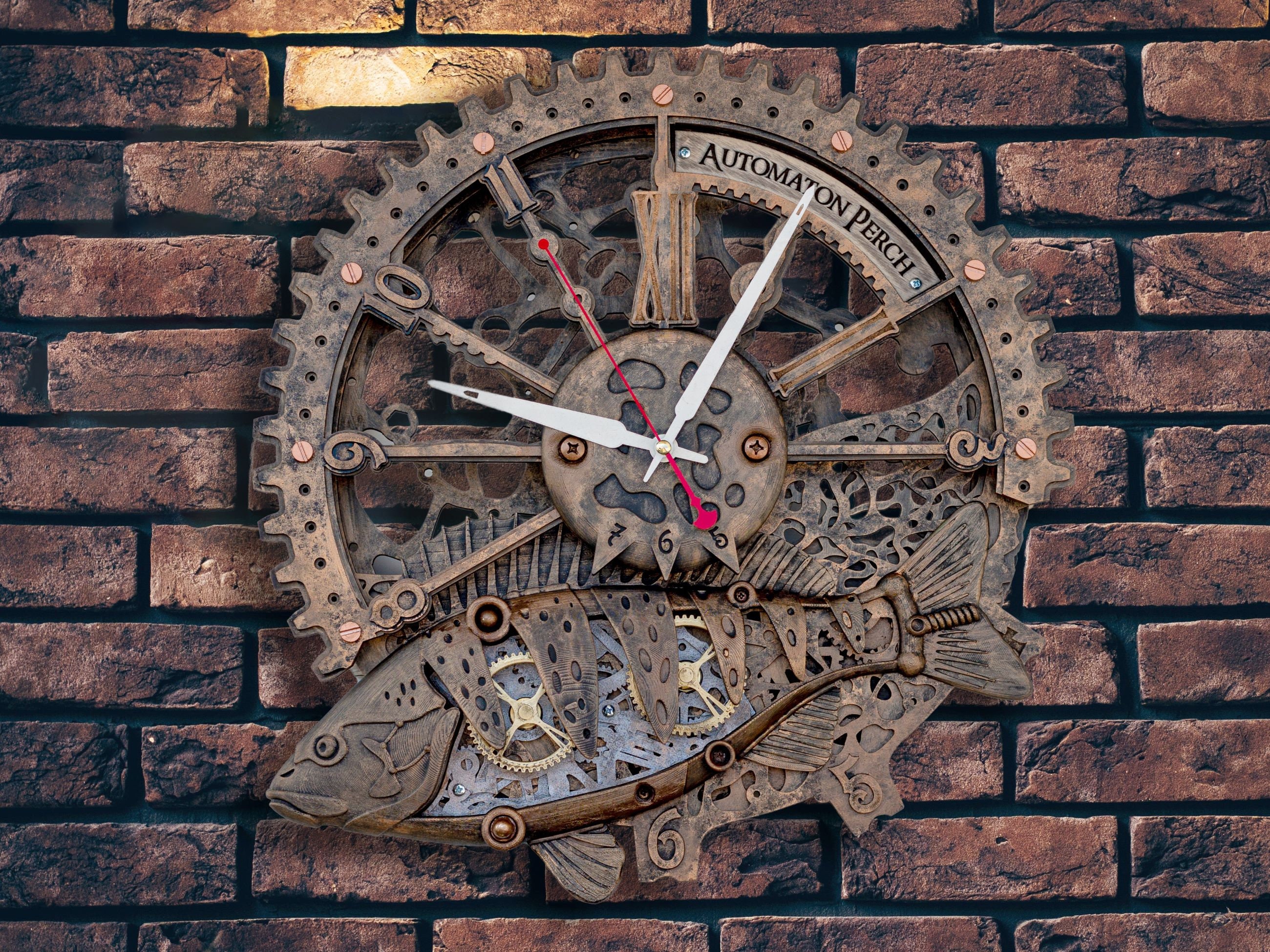 Large Wall Clock bass With Moving Gears, Unique Fishing Decor for Loft ...
