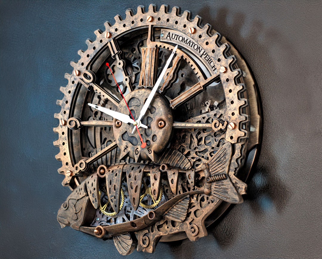 Large Wall Clock "bass" With Moving Gears, Unique Fishing Decor for ...