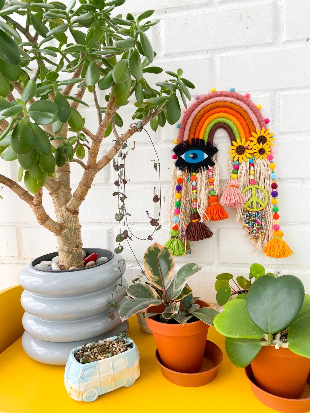 Hippie Rainbow Wall Hanging With Evil Eye, Sunflowers and Peace Charm ...