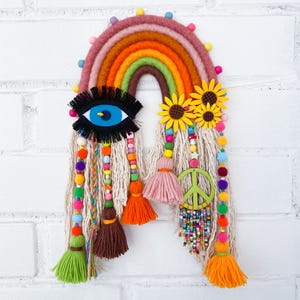Hippie Rainbow Wall Hanging With Evil Eye, Sunflowers and Peace Charm ...