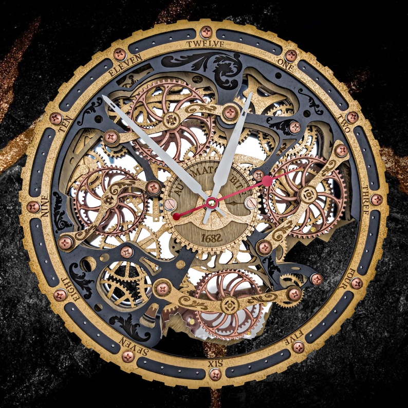 Steampunk Wall Clock - Bite 1682 Black Gold - Vintage Industrial Design ...