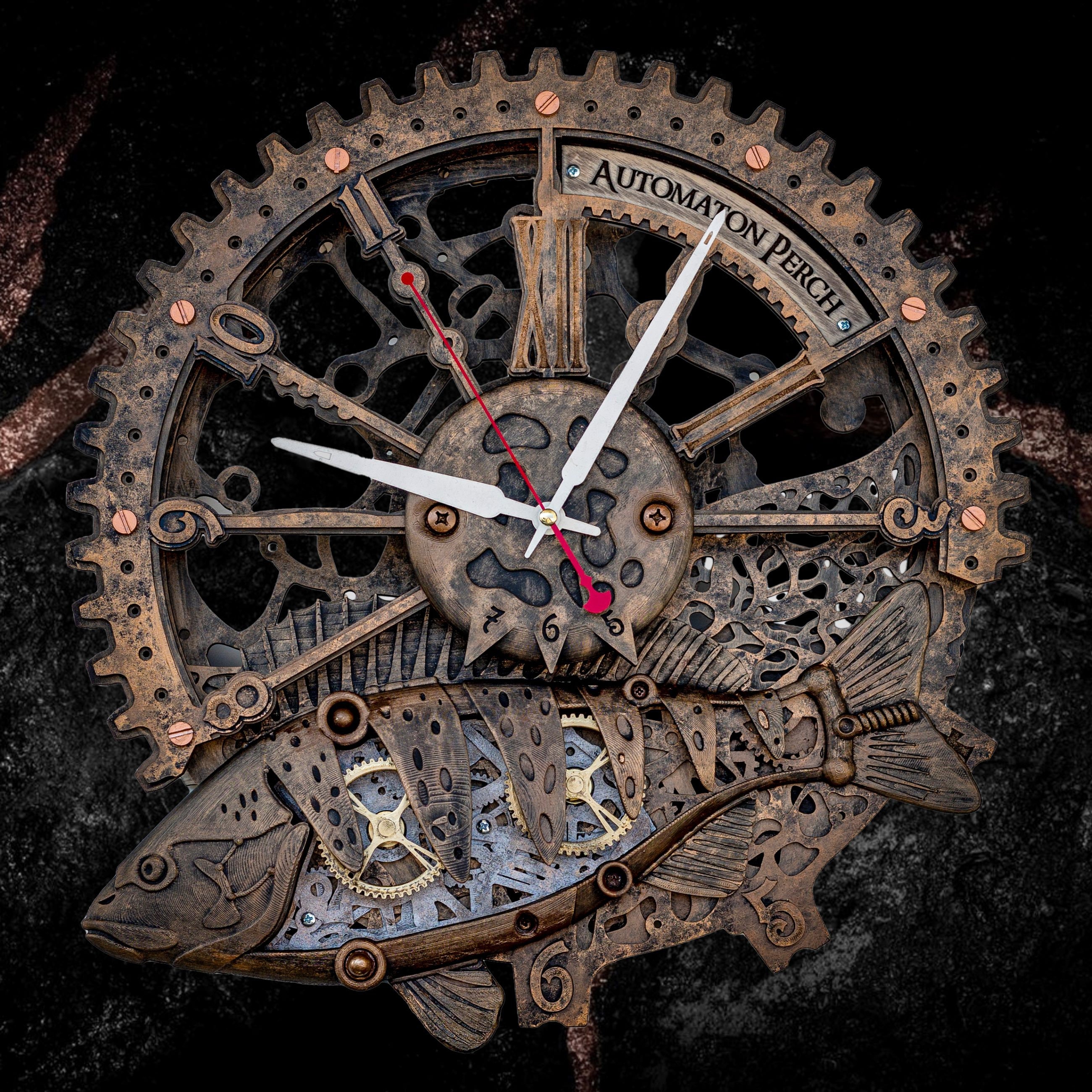 Large Wall Clock bass With Moving Gears, Unique Fishing Decor for Loft ...