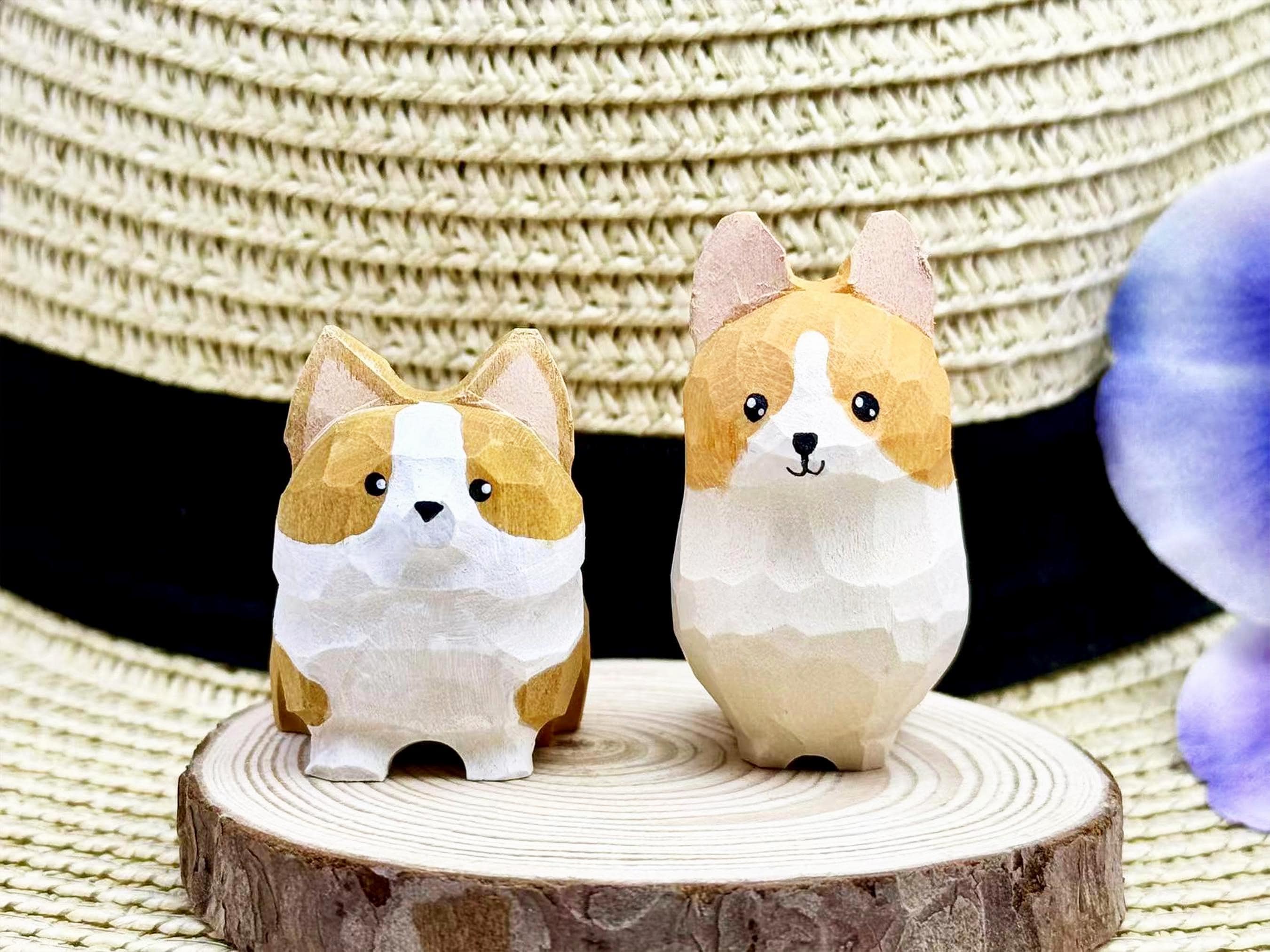 Hand-carved Wooden Corgi Figurine for Desktop Decor, Handmade Adorable ...