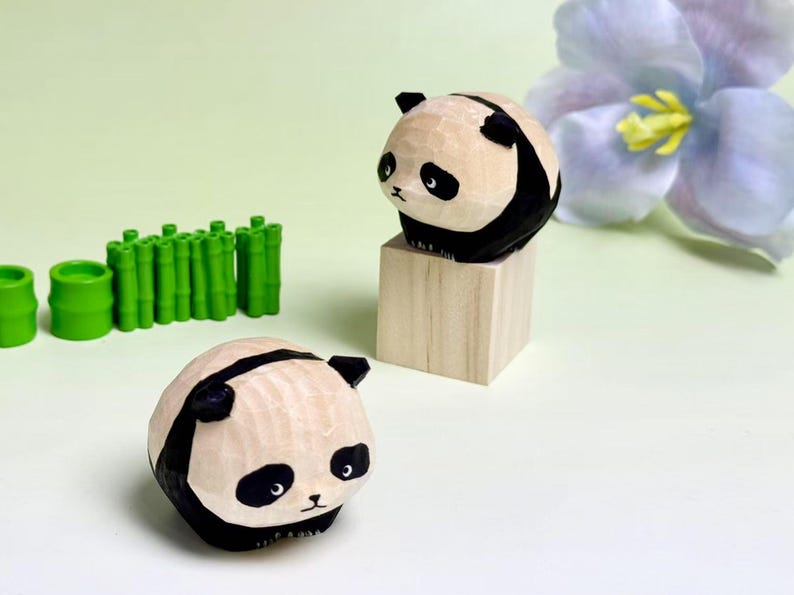 Adorable Wooden Panda Ornament, Wooden Panda Statue Handmade Wooden ...
