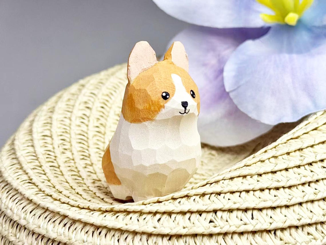 Hand-carved Wooden Corgi Figurine for Desktop Decor, Handmade Adorable ...