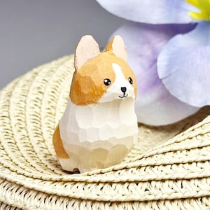 Hand-carved Wooden Corgi Figurine for Desktop Decor, Handmade Adorable ...