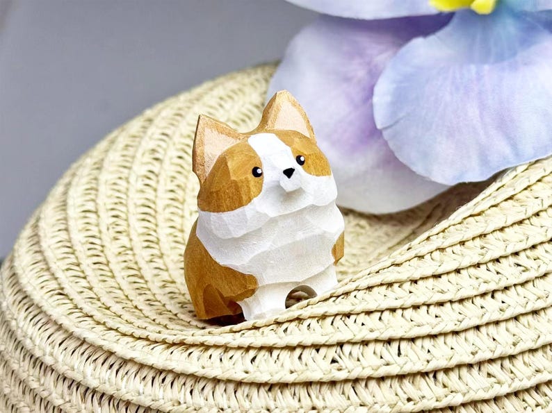 Hand-carved Wooden Corgi Figurine for Desktop Decor, Handmade Adorable ...