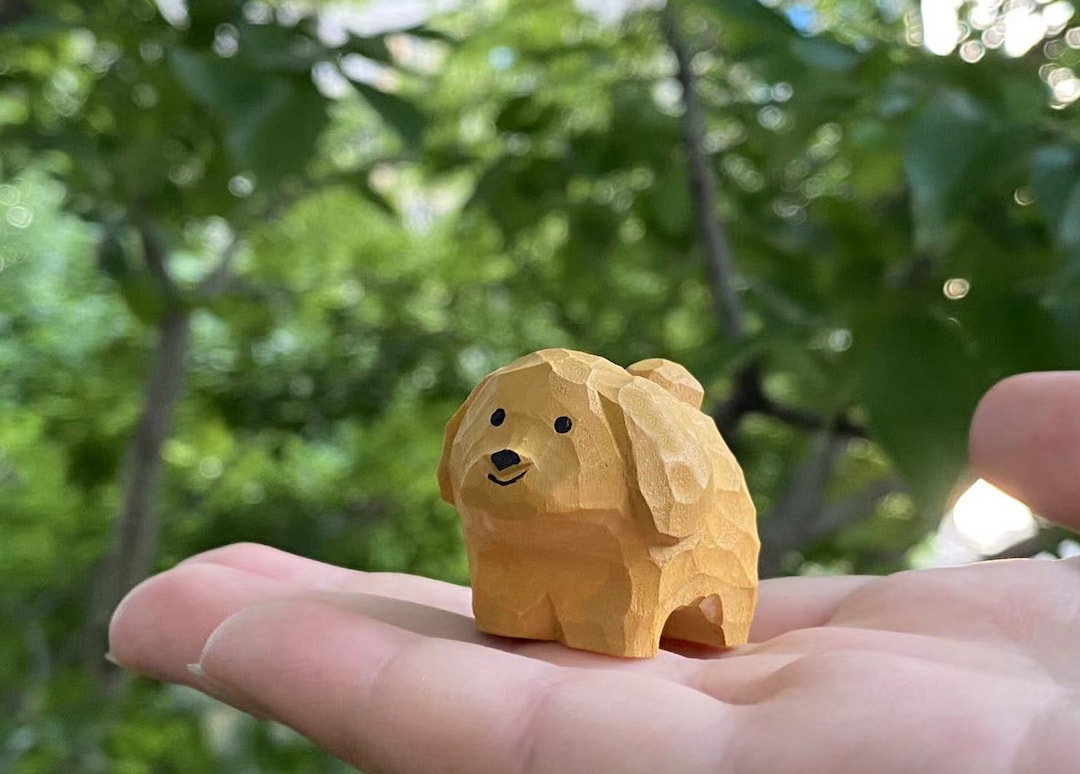 Hand-carved Wooden Puppy Figurine for Desk Decor Gift, Cute Mini Dog ...