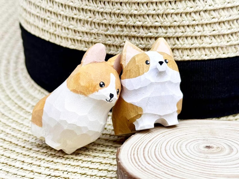 Hand-carved Wooden Corgi Figurine for Desktop Decor, Handmade Adorable ...