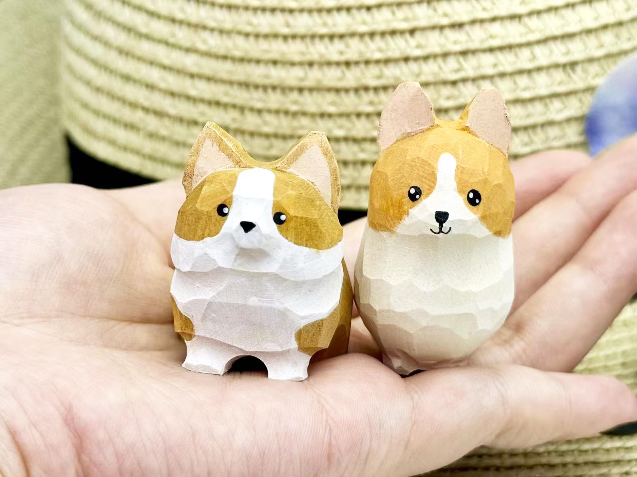 Hand-carved Wooden Corgi Figurine for Desktop Decor, Handmade Adorable ...