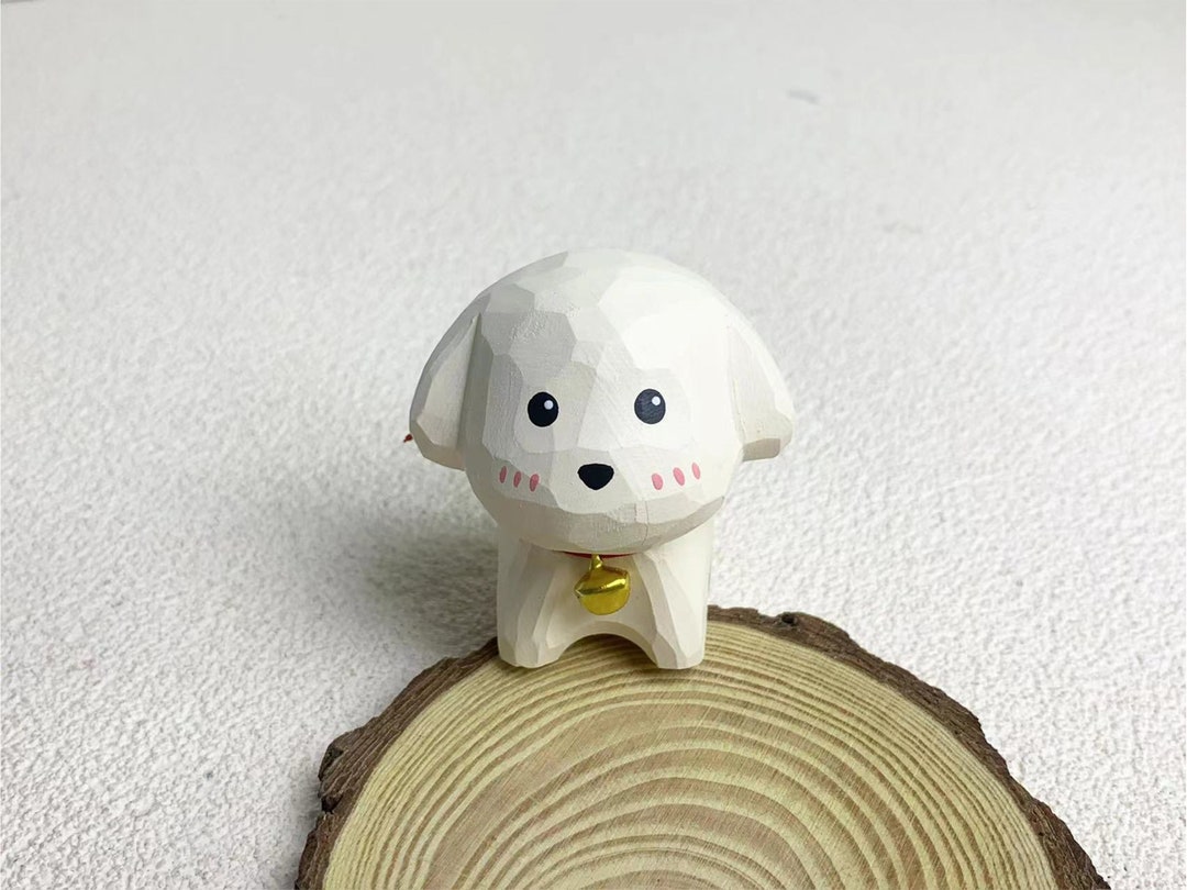 Hand-carved Mini Wooden White Dog Figurine for Desk Decor, Cute Small ...