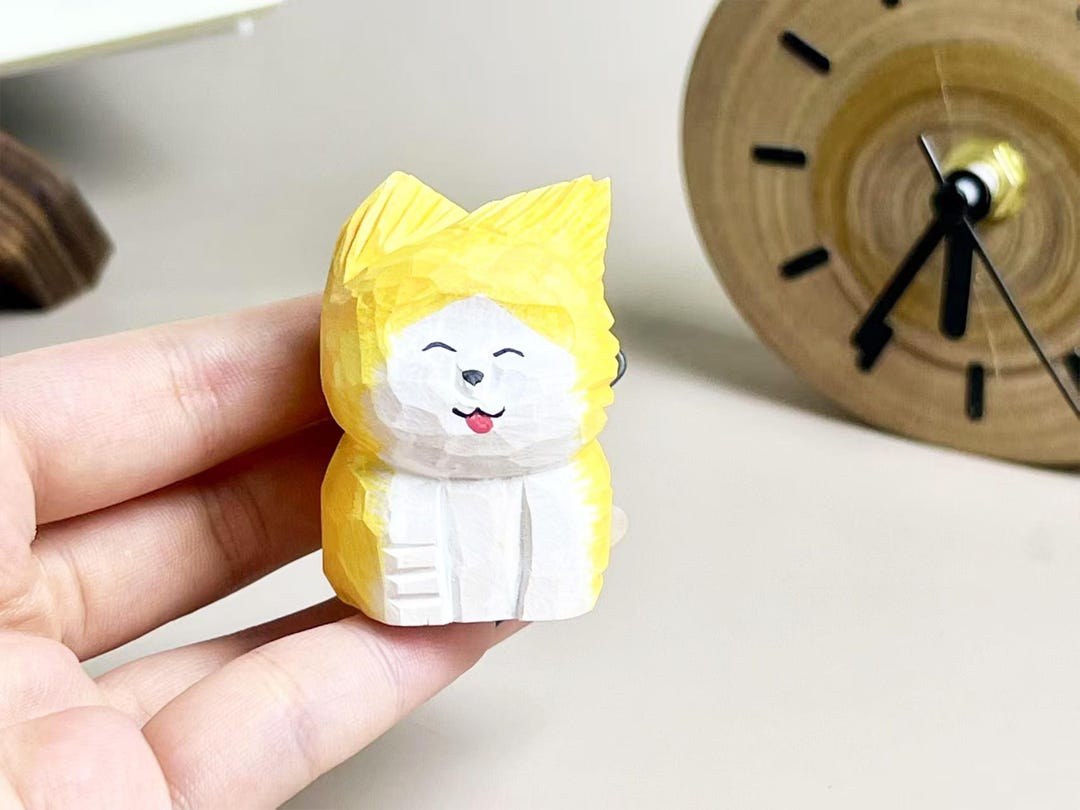 Wooden Yellow Puppy Figurine for Desktop Decor, Hand-carved Corgi ...