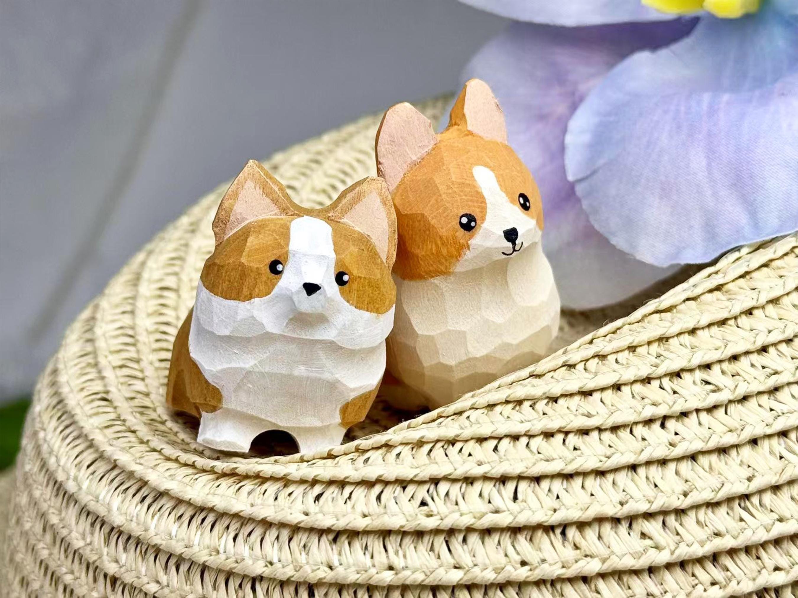 Hand-carved Wooden Corgi Figurine for Desktop Decor, Handmade Adorable ...