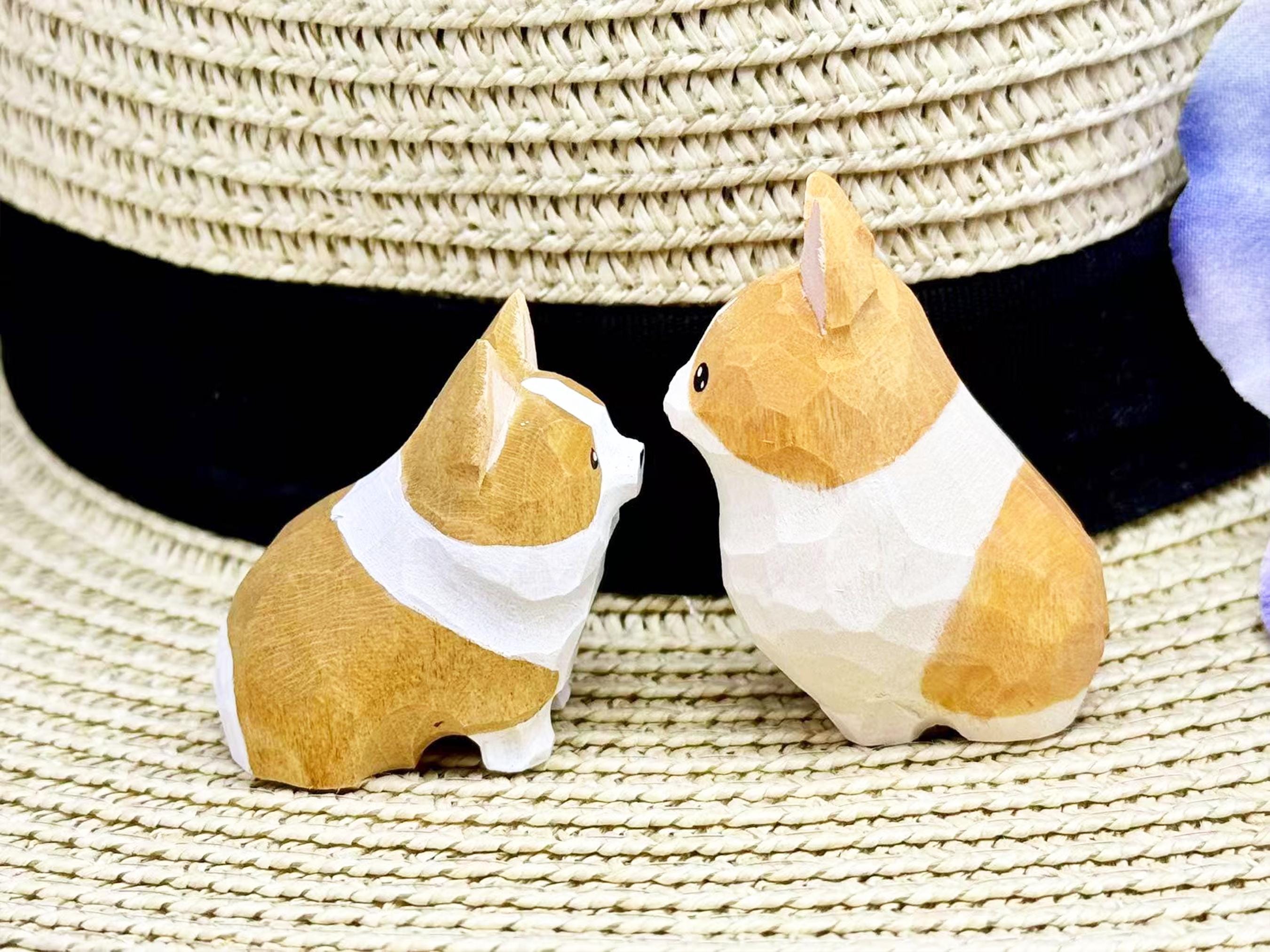 Hand-carved Wooden Corgi Figurine for Desktop Decor, Handmade Adorable ...