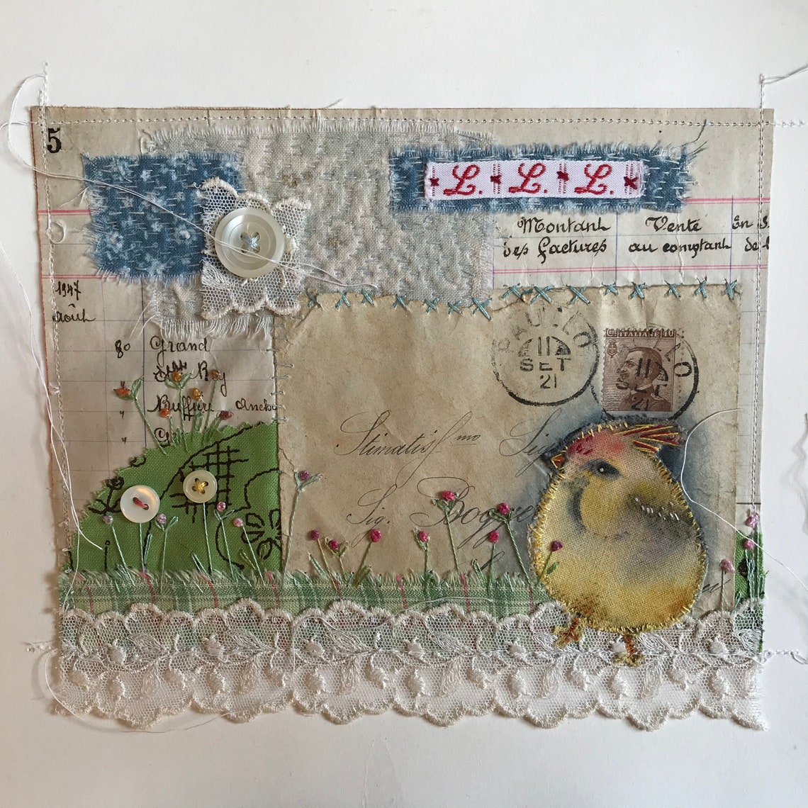 Original Collage With Ephemera and Stitching on Paper - Etsy