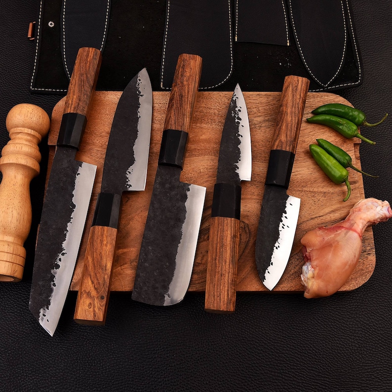 Premium 5-piece Hand Forged San Mai Chef Knife Set With Wooden Sheaths – AUS-10 Damascus Steel ...