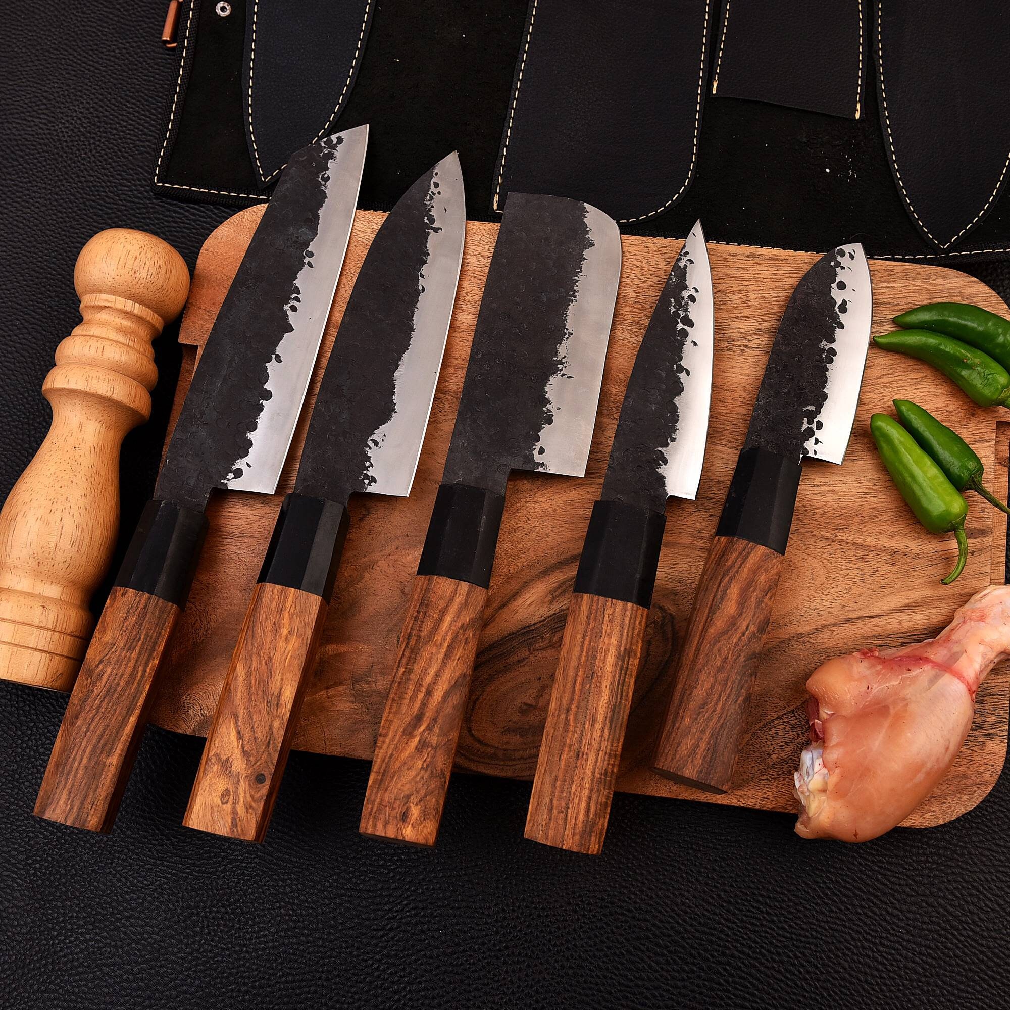 Premium 5-piece Hand Forged San Mai Chef Knife Set With Wooden Sheaths – AUS-10 Damascus Steel ...