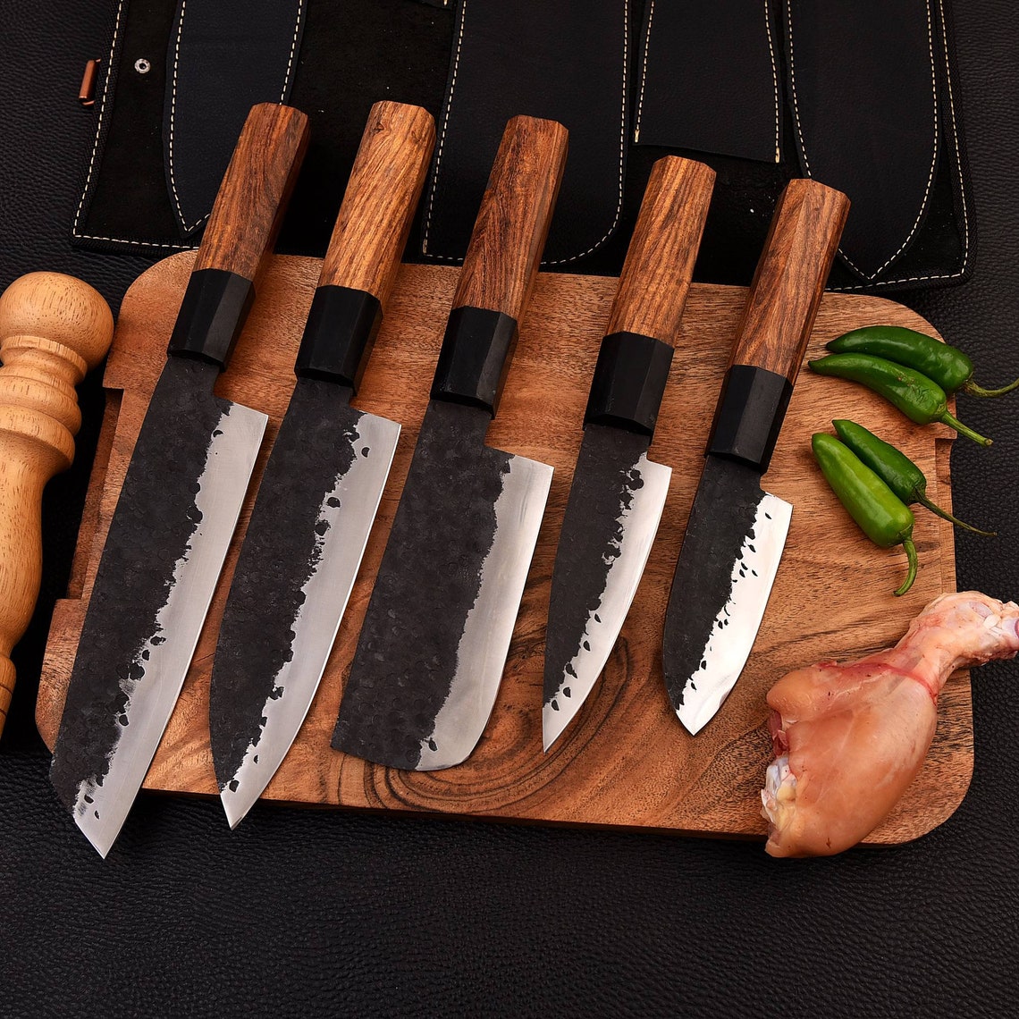 Premium 5-piece Hand Forged San Mai Chef Knife Set With Wooden Sheaths AUS-10 Damascus Steel and ...