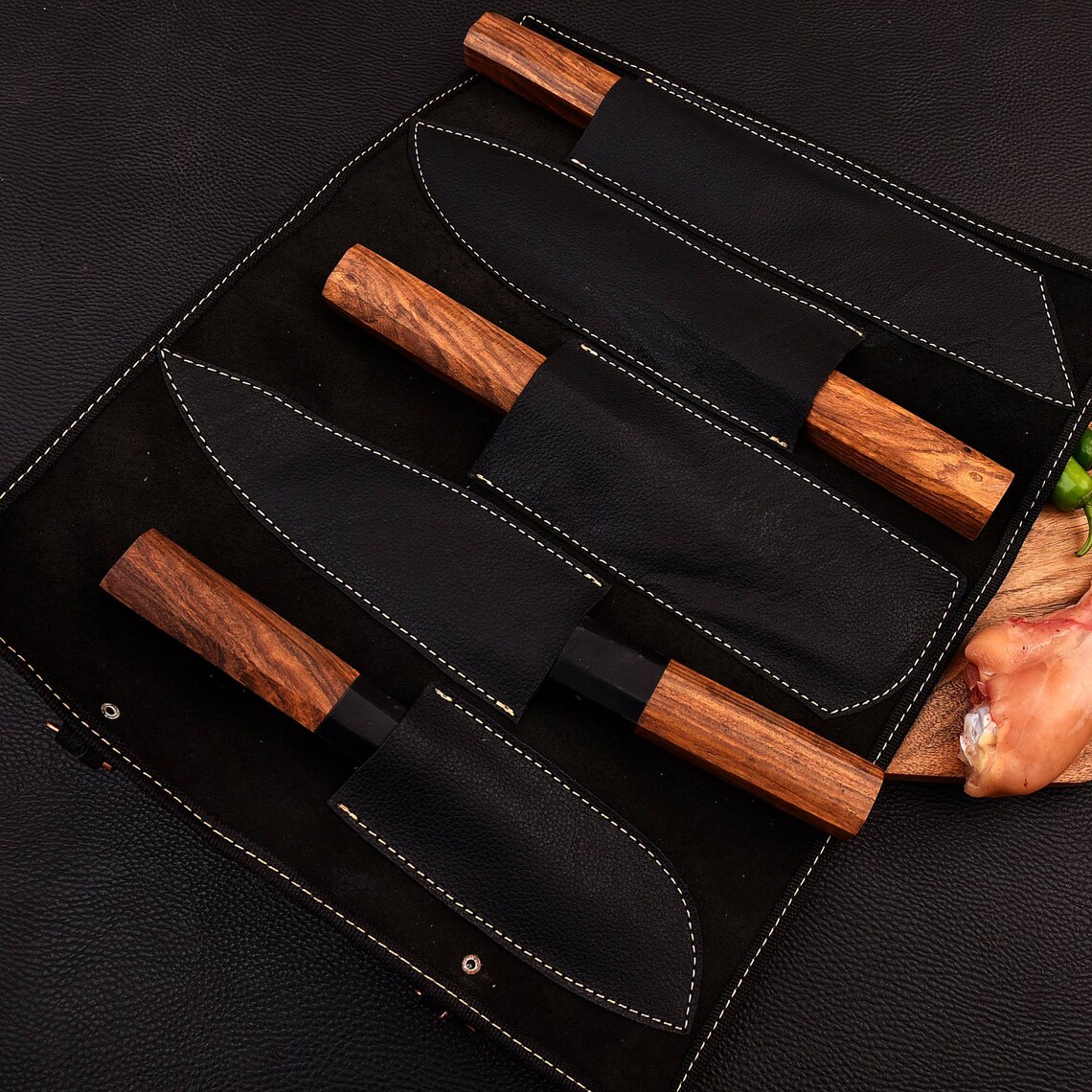 Premium 5-piece Hand Forged San Mai Chef Knife Set With Wooden Sheaths AUS-10 Damascus Steel and ...