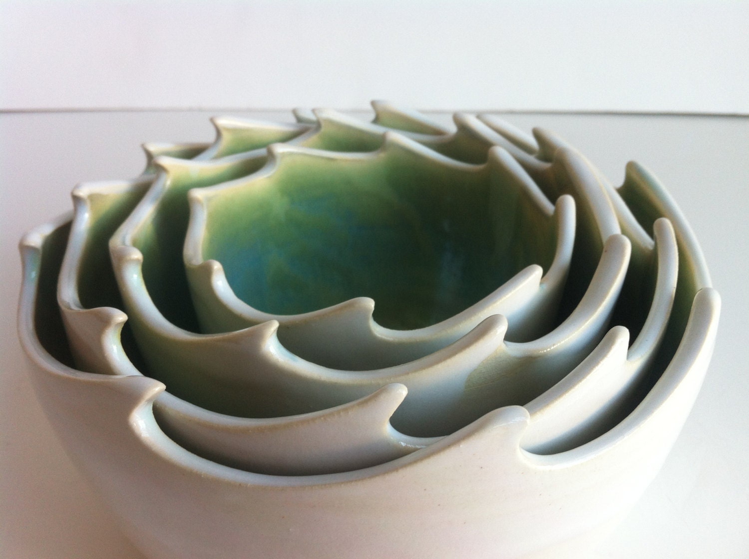 Wheel Thrown Stoneware Nested Bowls Set Wave Design Made - Etsy
