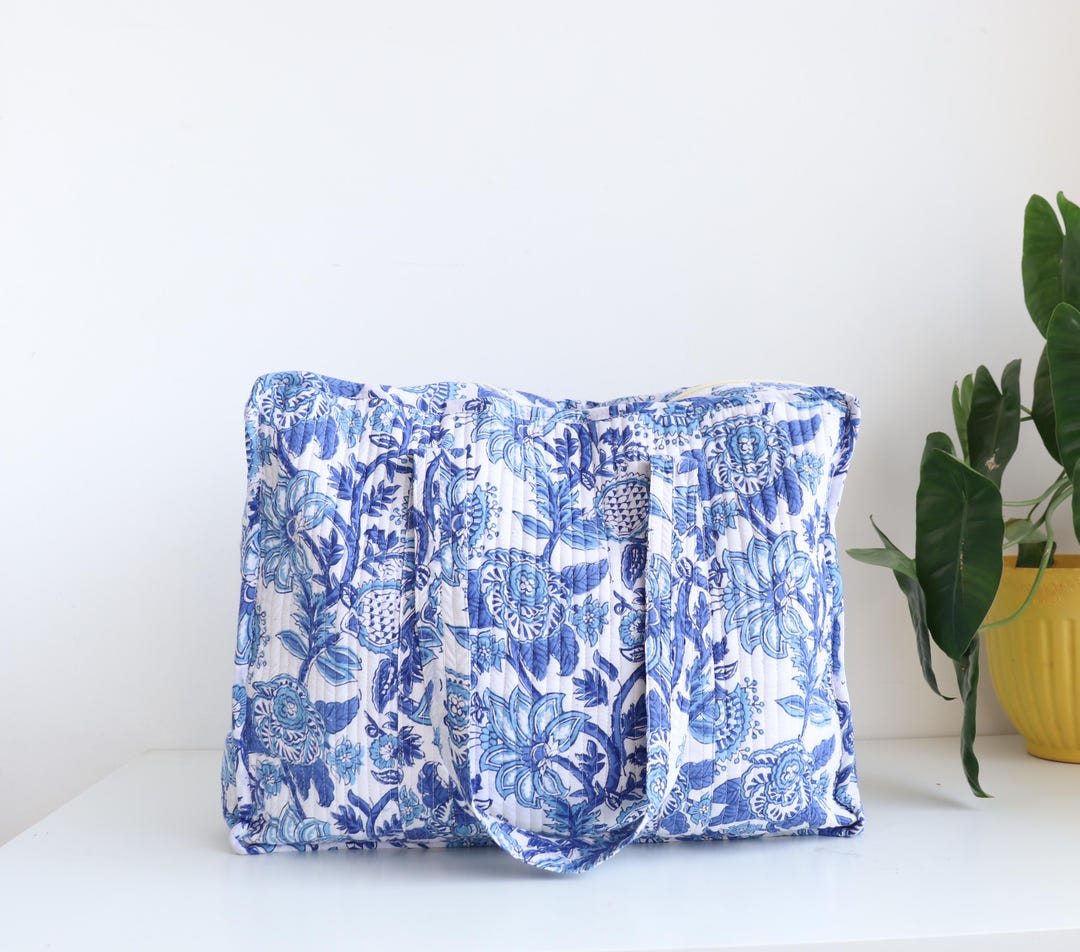 Floral Outdoor XL Tote Blue & White Beach Bag Block Print Women ...