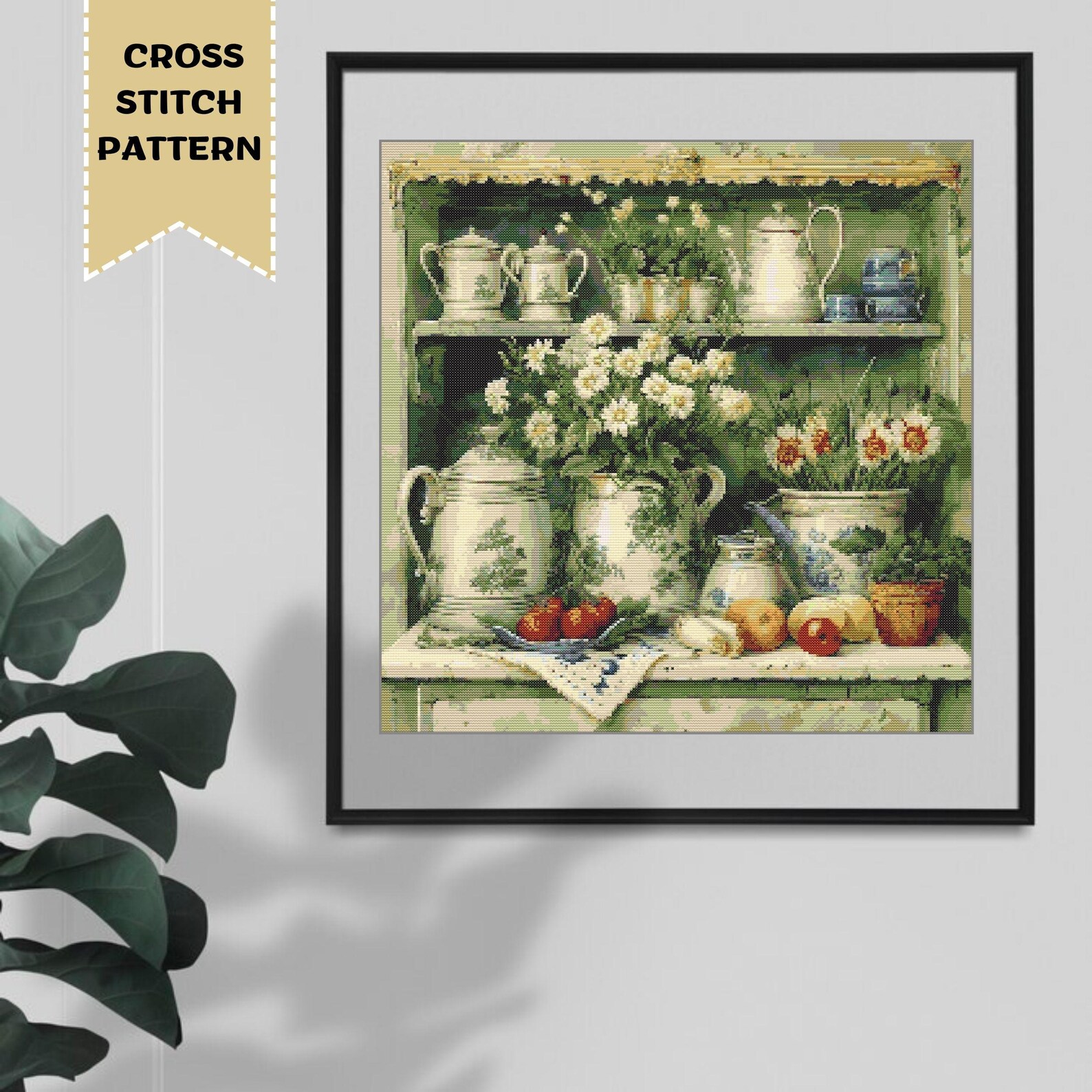 Vintage Kitchen Shelf Cross Stitch Pattern Flowers Fruits Cottagecore ...