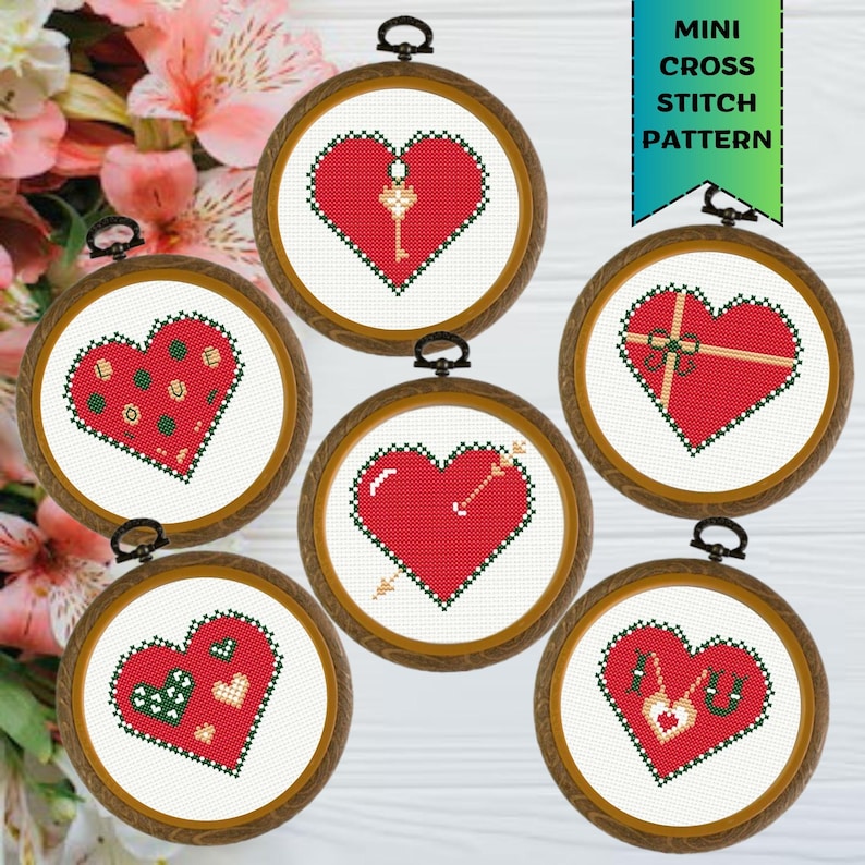 Red Heart Cross Stitch Pattern Set | 6 Minis | Easy Festive Embroidery ...
