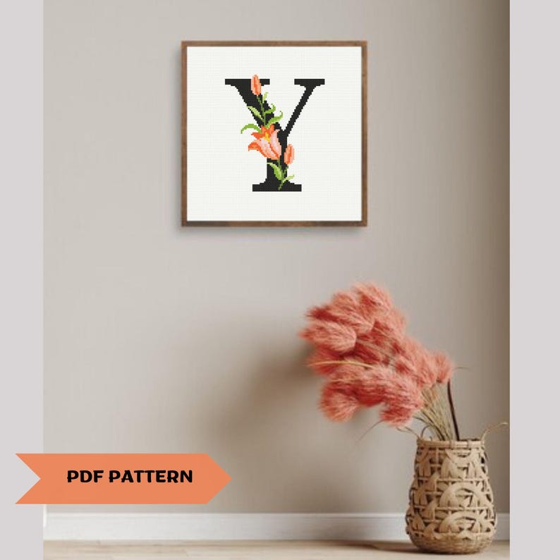 Floral Letter Y Cross Stitch Pattern Modern Flower Monogram Embroidery ...
