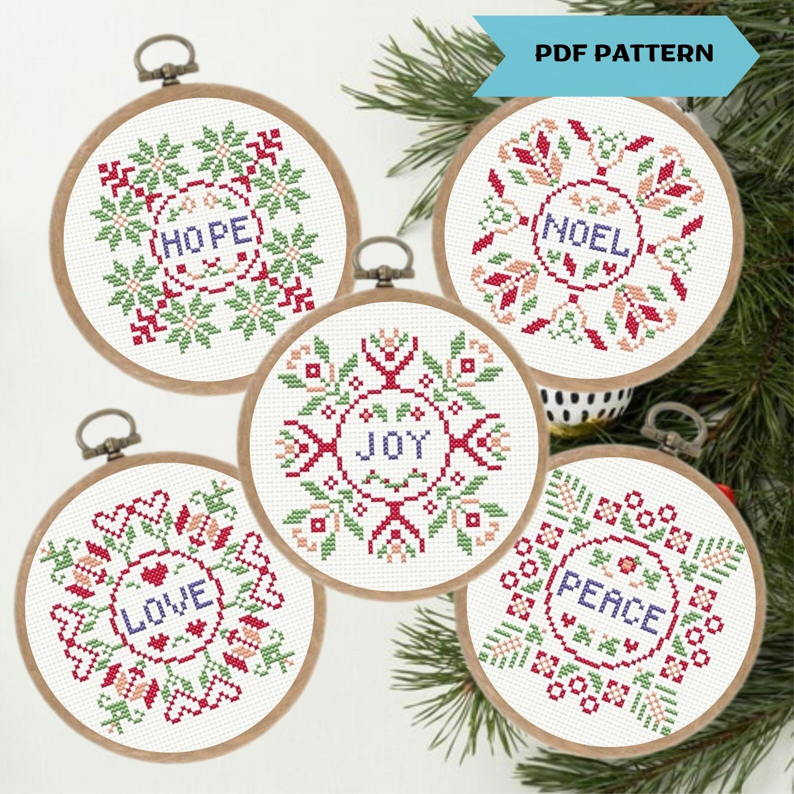 Snowflake Cross Stitch Pattern Set of Christmas Ornaments Peace Hope ...