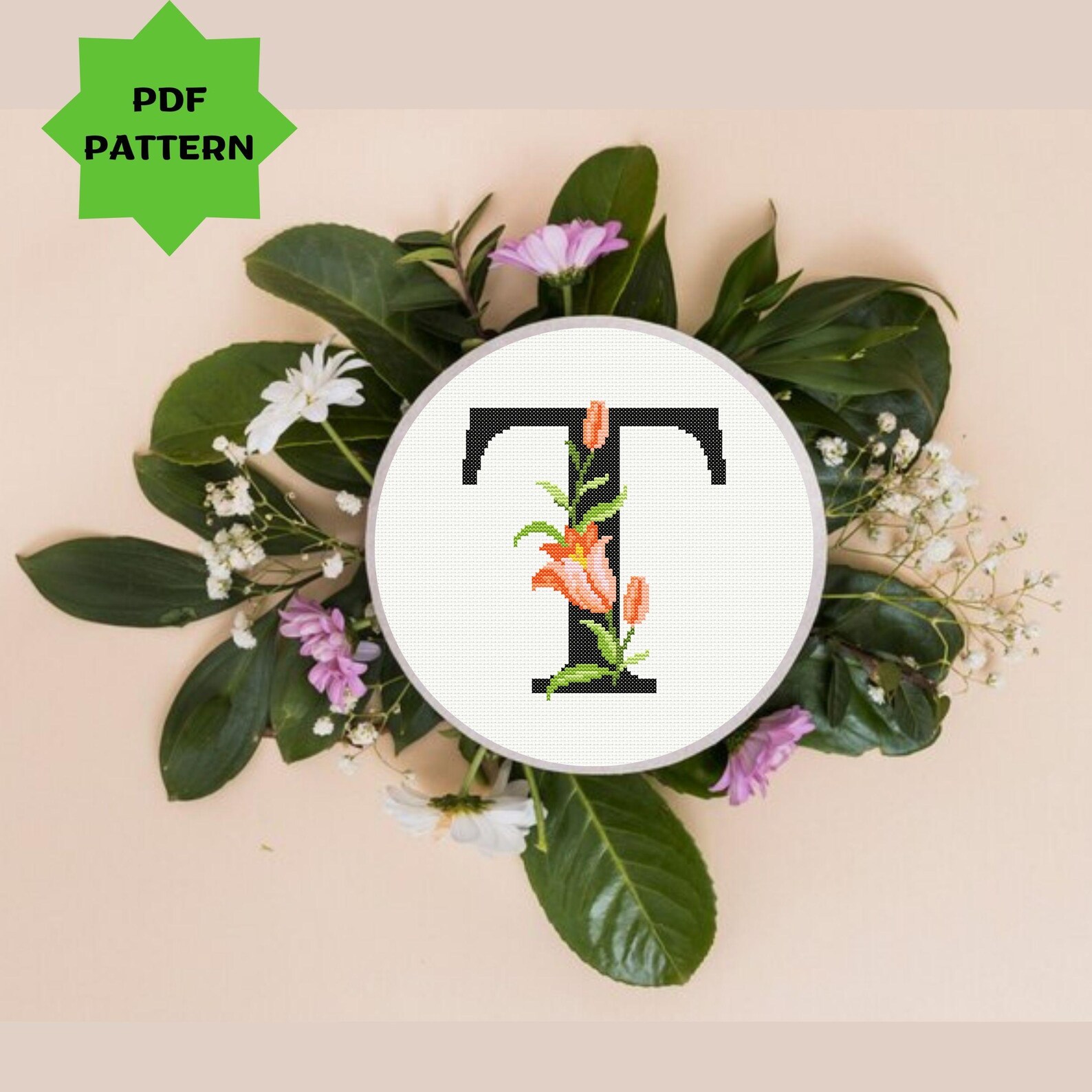 Floral Letter T Cross Stitch Pattern Modern Flower Monogram Embroidery ...
