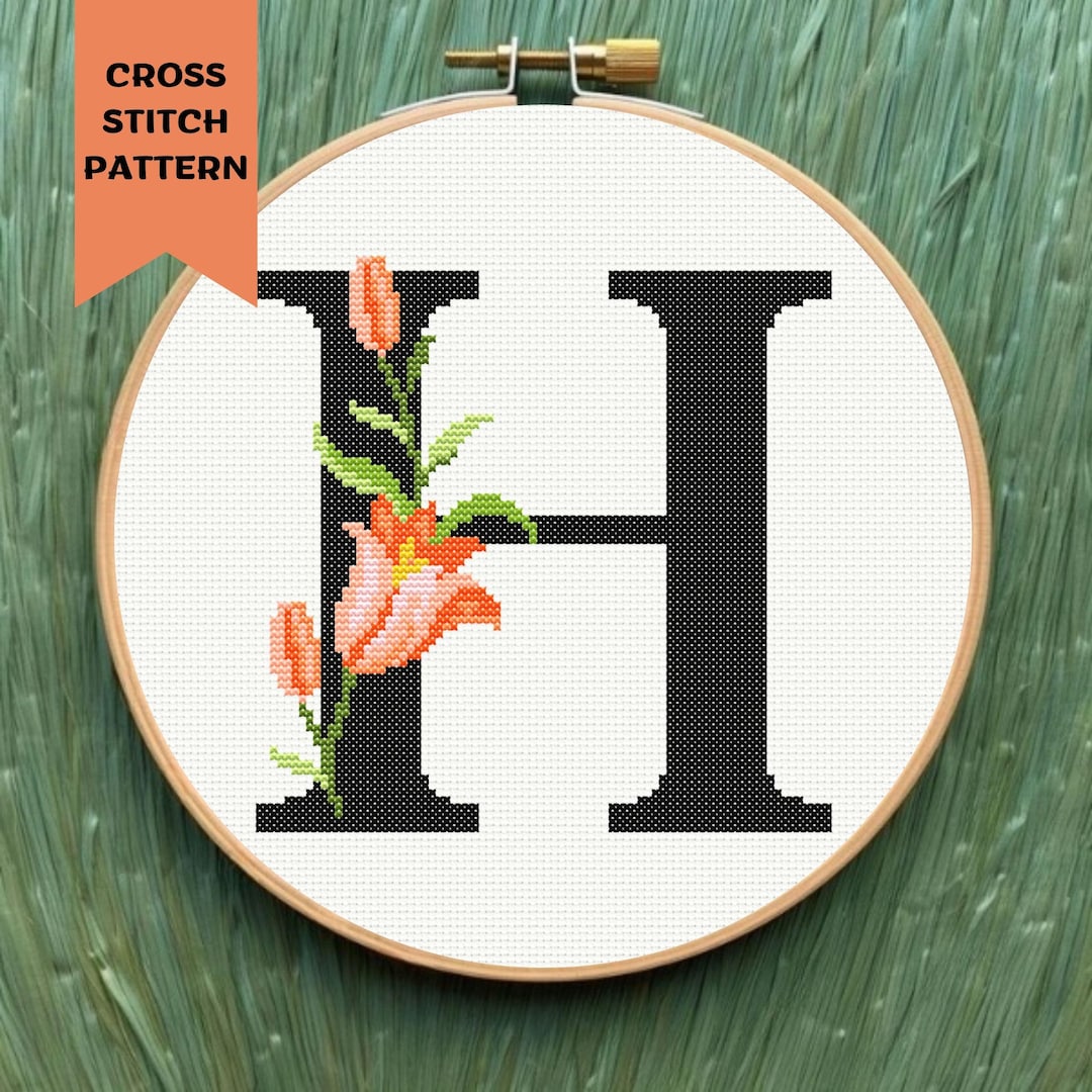 Floral Letter H Cross Stitch Pattern Modern Flower Monogram Embroidery ...